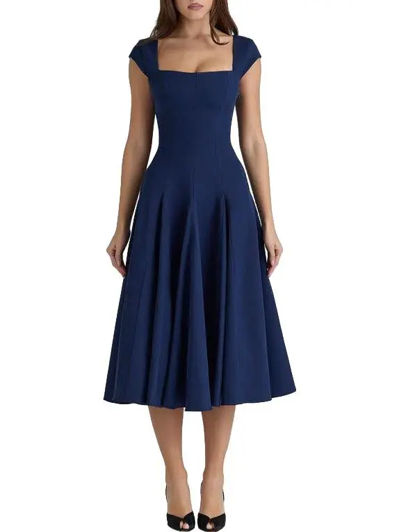 House Of Cb Raisa Square Neck Peached Twill Cocktail Dress - Navy