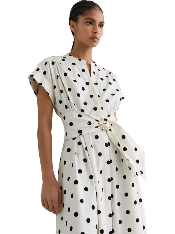 REISS Sawyer Cotton Polka-dot Belted Midi Dress - Black/ivory