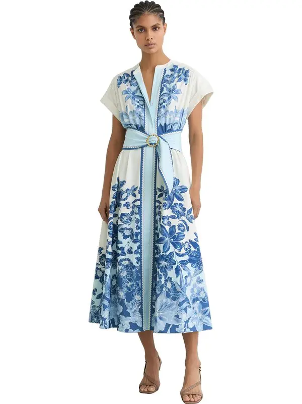 REISS Sawyer Cotton Floral Belted Midi Dress - Blue/ivory