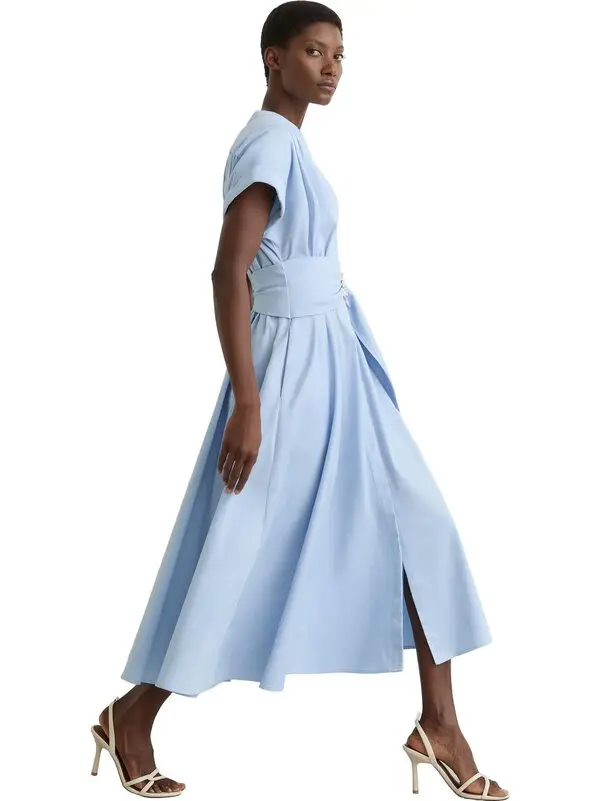 REISS Cotton Belted Midi Shirt Dress With Stretch - Blue