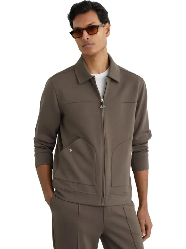 REISS Interlock Zip-through Overshirt - Light Brown