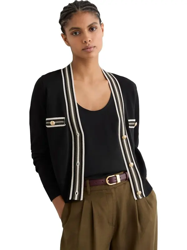 REISS Danni Tipped Button-through Cardigan - Black/khaki Green