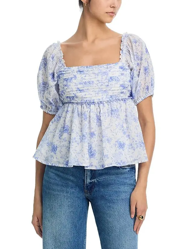 Aqua Floral Puff Sleeve Top - White/blue