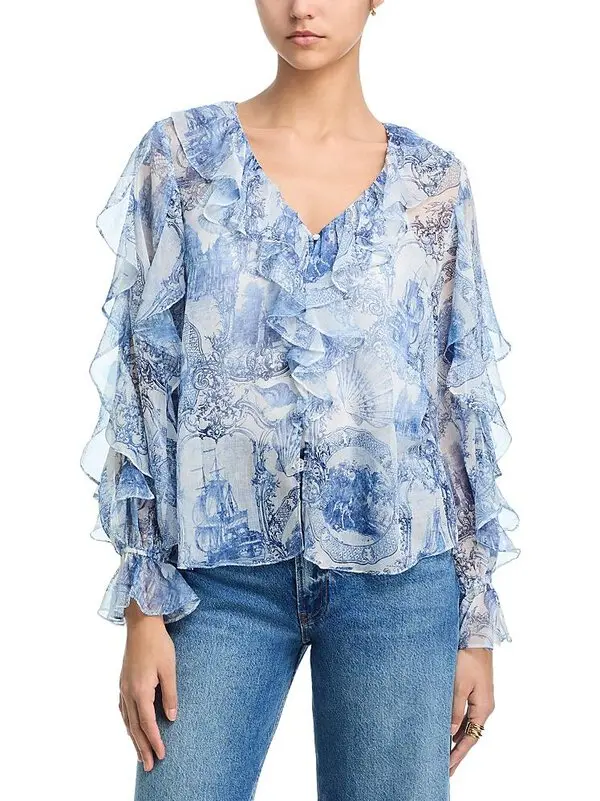 Aqua Seashell Toile Ruffle Long Sleeve Top With Camisole - White/navy