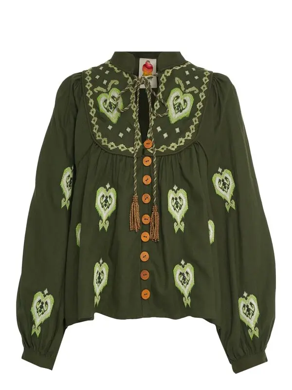 Farm Rio Embroidered Puff Sleeve Shirt - Green