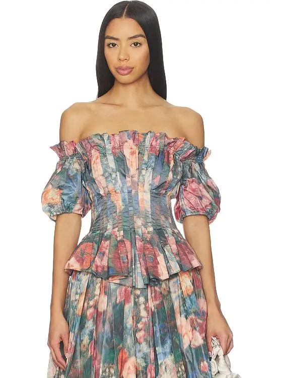 Prabal Gurung Off Shoulder Ruched Blouse - Green Peach Multi