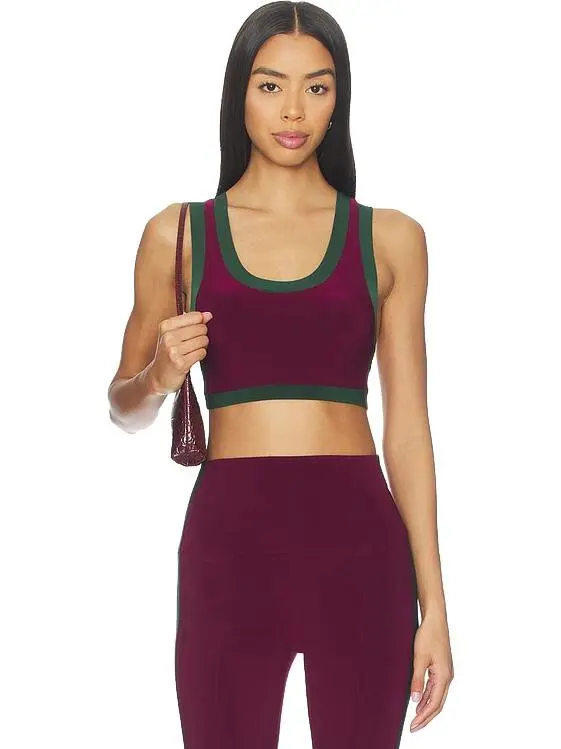 Norma Kamali Side Stripe Racer Sports Bra In Burgundy,dark Green - Plum & Dark Emerald
