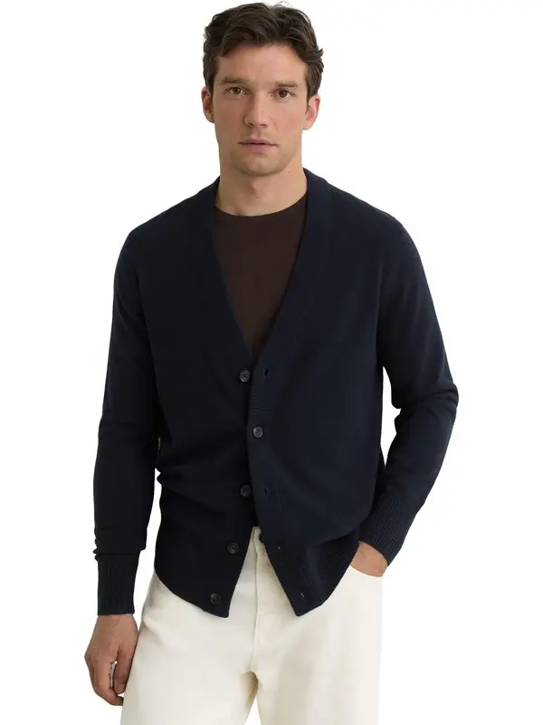 REISS Fairclough Merino Wool V-neck Cardigan - Navy