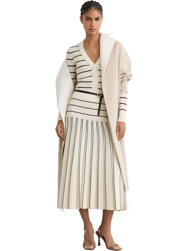 REISS Knitted Stripe Pleated Midi Skirt - Ivory/black