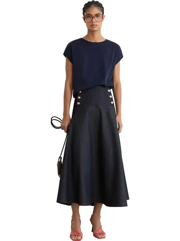 REISS Skylar Denim Midi Skirt With Button Detail - Dark Blue