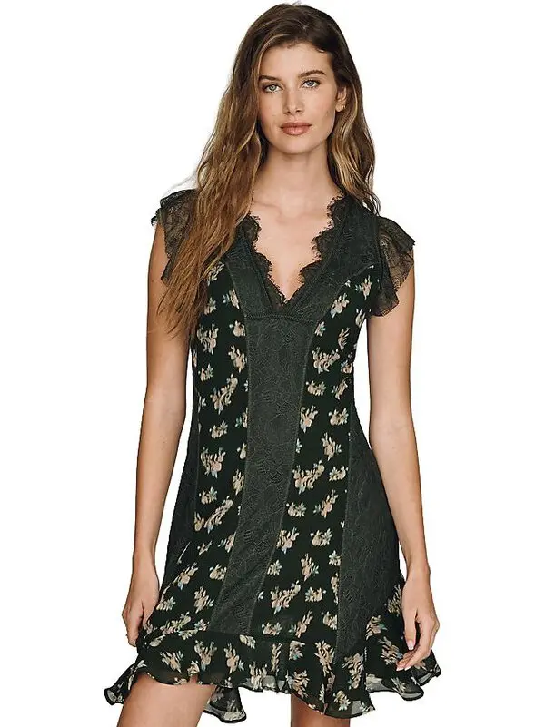 Anthropologie Seamed Flutter Sleeve Dress - Green Pattern