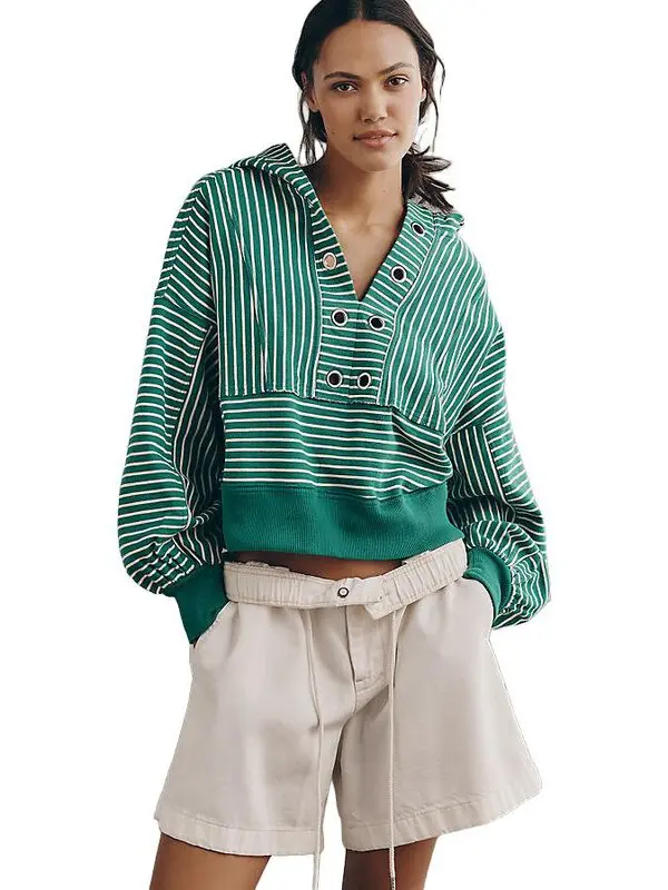 PILCRO Cotton Grommet Hooded Sweatshirt - Green Stripe