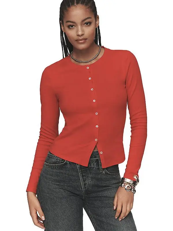 Maeve Cotton Blend Fitted Knit Cardigan Top - Red