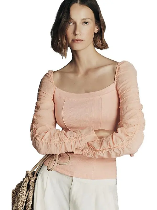 Anthropologie Ruched-sleeve Square-neck Top - Peach