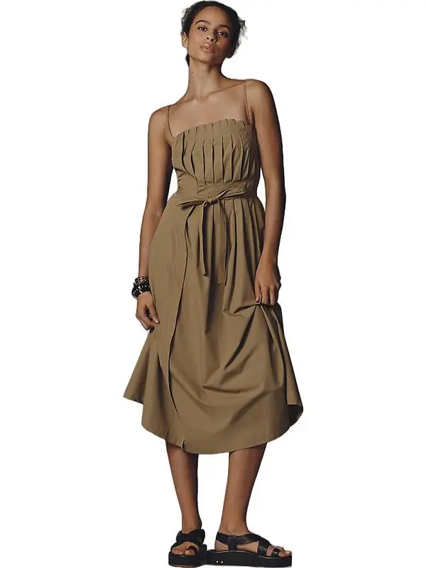Anthropologie Utility Pleated Midi Dress - Khaki
