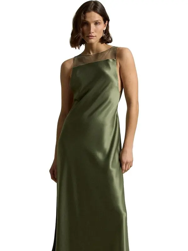 Ralph Lauren Satin Dress With Tulle Panels - Mountain Green