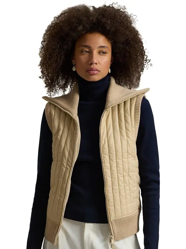 Ralph Lauren Quilted-panel Wool Zip Vest - Dune Tan