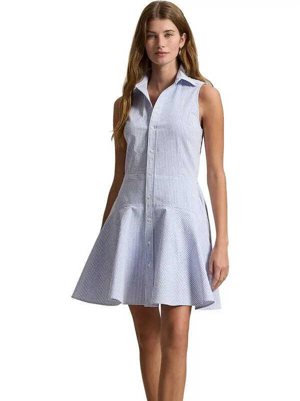 Ralph Lauren Sleeveless Seersucker Shirtdress - Blue Mist/ceramic White