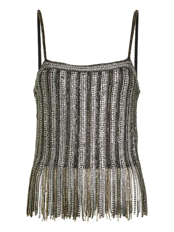 Alice + Olivia Embellished Fringed Stretch-mesh Top - Black