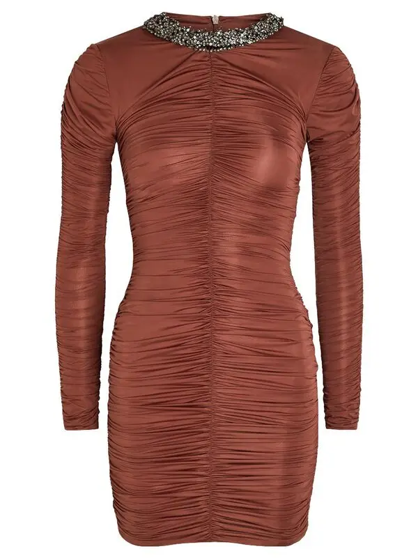 THE NEW ARRIVALS ILKYAZ OZEL Ross Embellished Ruched Mini Dress - Brown