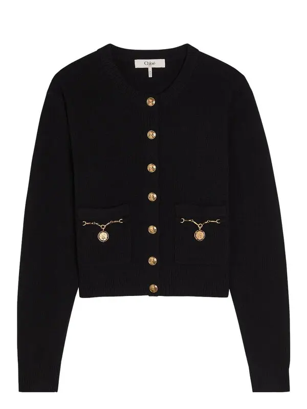 Chloé Embellished-pocket Wool And Cashmere-blend Cardigan - Black