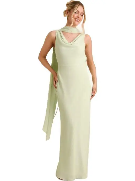 SIX STORIES Plunge Cowl Chiffon Gown - Mint Green