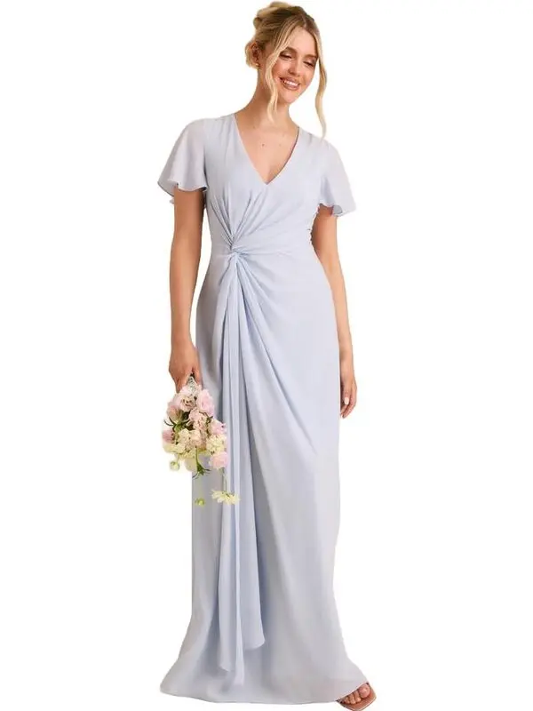 SIX STORIES Knot Front Chiffon Maxi Dress - Pale Blue