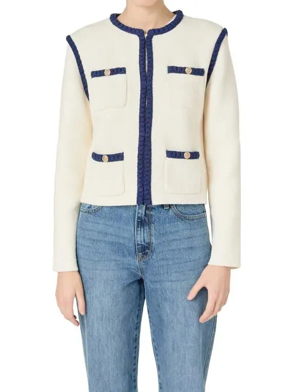 Endless Rose Braided Trim Knit Jacket - Cream/black