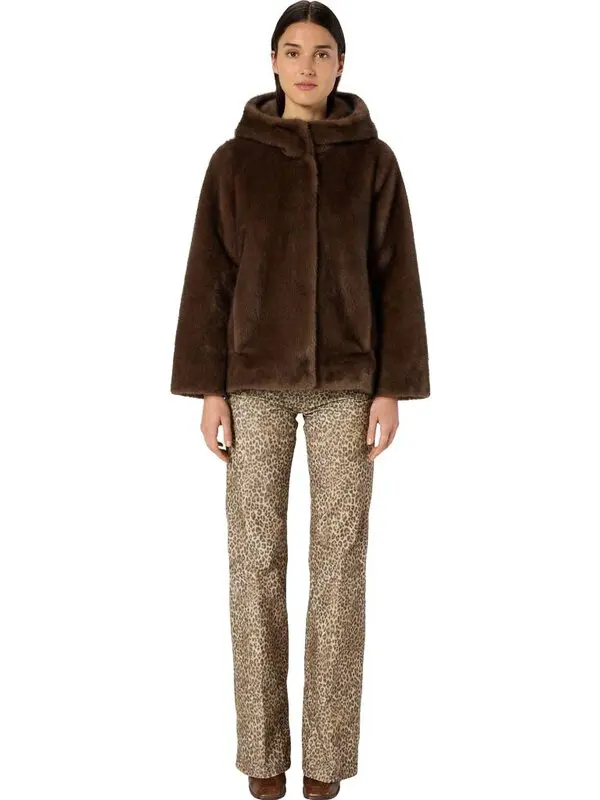 Gerard Darel Morgane Hooded Faux Fur Coat - Cigar