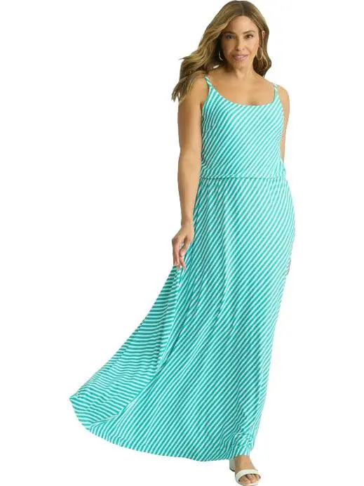 JESSICA LONDON Stretch Knit Blouson Maxi Dress - Aqua Bias Stripe