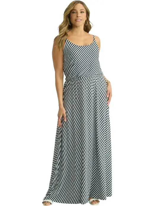 JESSICA LONDON Stretch Knit Blouson Maxi Dress - Black Bias Stripe
