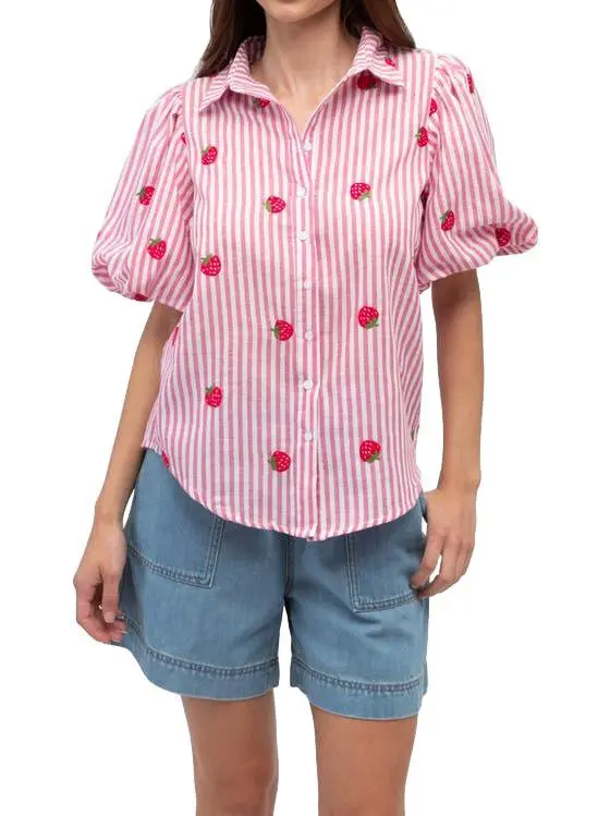 LABEL OF LOVE Strawberry Embroidered Short Sleeve Shirt - Pink