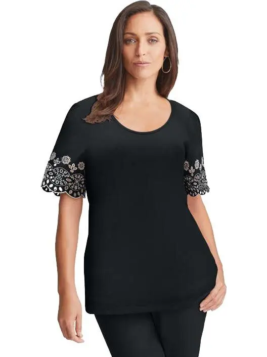 JESSICA LONDON Eyelet Scoop-neck Tee - Black Medallion Embroidery