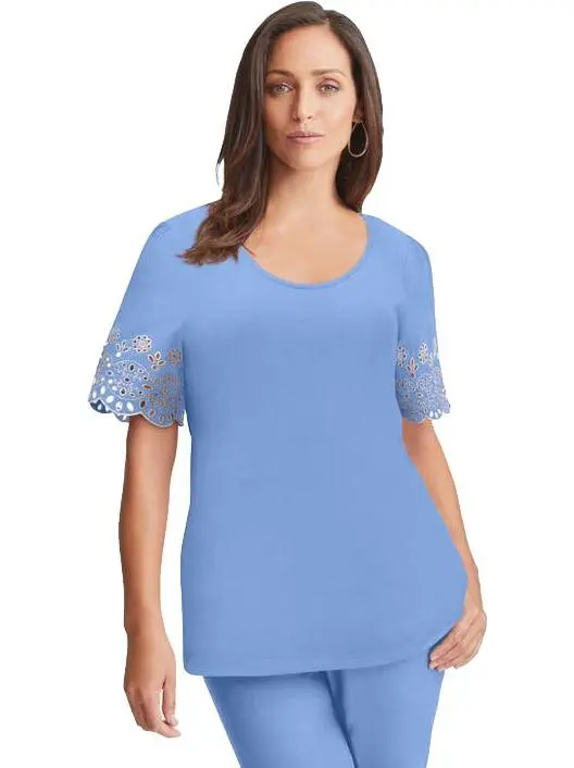 JESSICA LONDON Eyelet Scoop-neck Tee - Blue