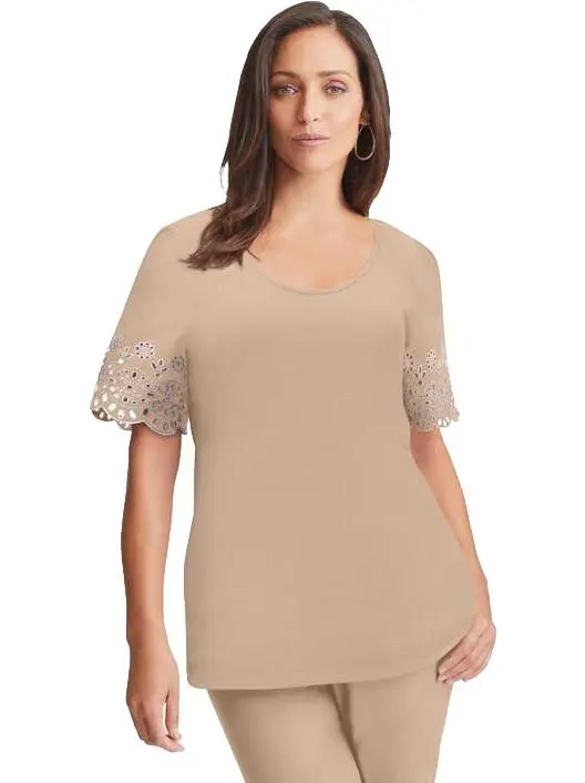 JESSICA LONDON Eyelet Scoop-neck Tee - New Khaki Medallion Embroidery