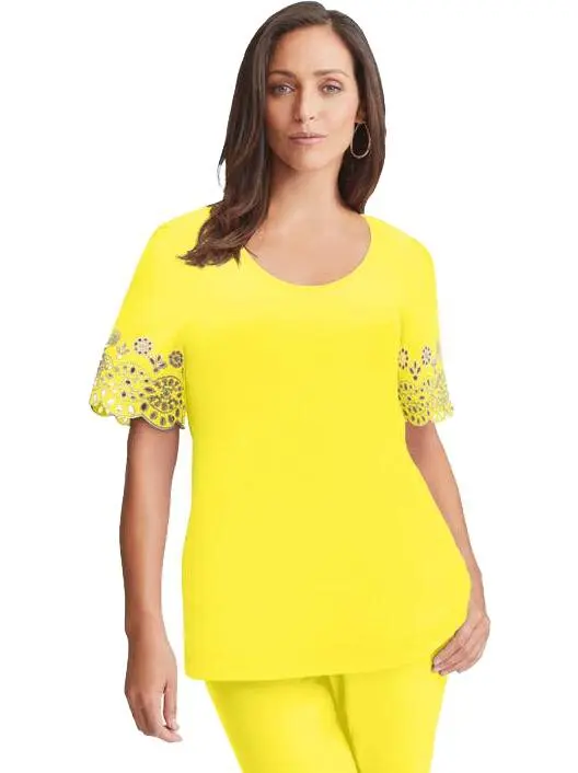 JESSICA LONDON Eyelet Scoop-neck Tee - Yellow Medallion Embroidery