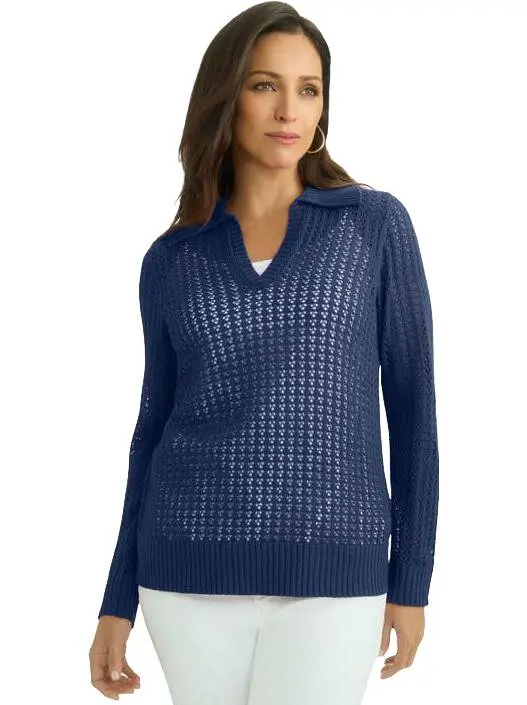 JESSICA LONDON Pullover Crochet Polo - Navy