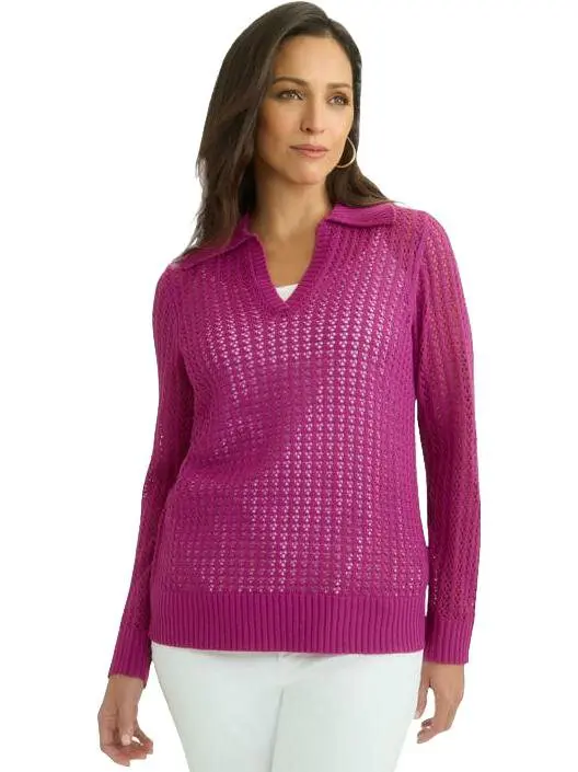 JESSICA LONDON Pullover Crochet Polo - Raspberry