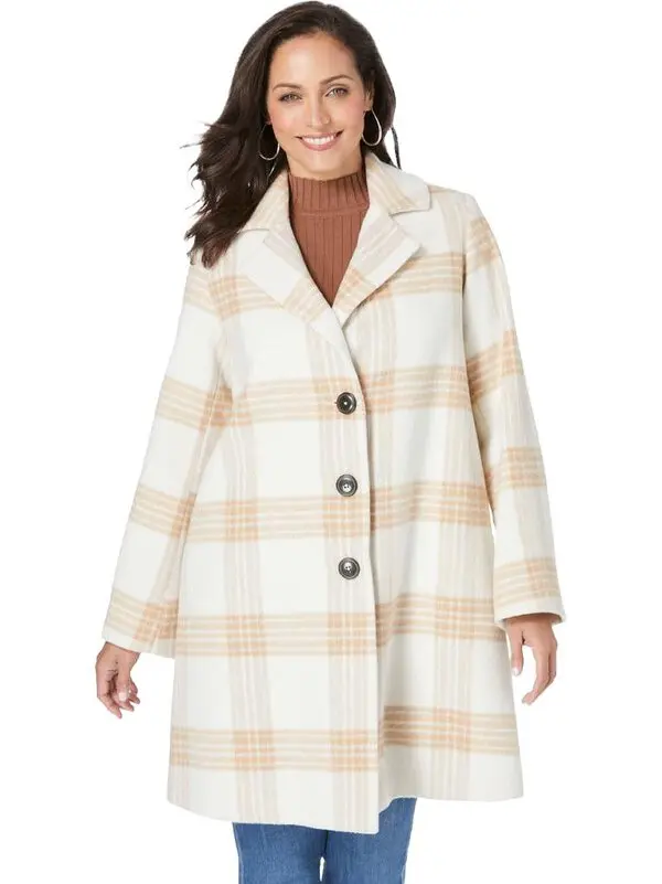 JESSICA LONDON Wool Blend Swing Coat - Ivory Dashed Plaid