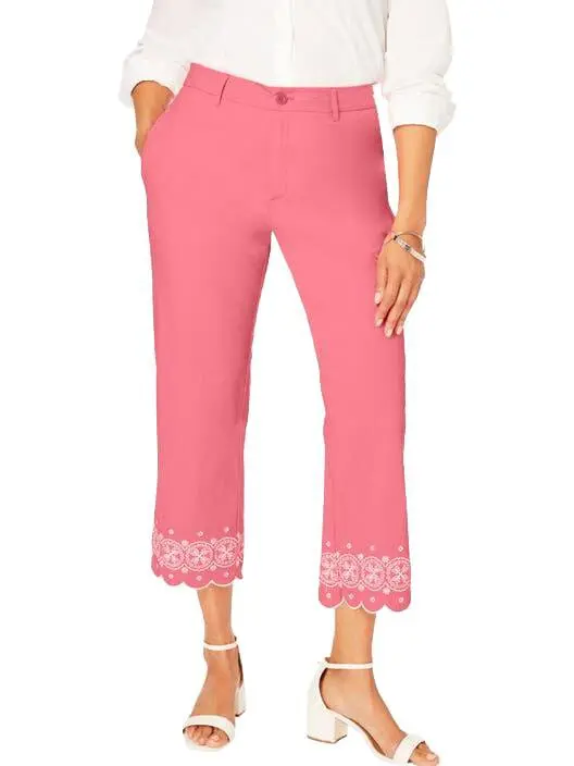 JESSICA LONDON Stretch Cropped Straight Leg Pant - Tea Rose Medallion Embroidery