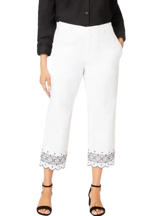 JESSICA LONDON Stretch Poplin Cropped Straight Leg Pants With Embroidered Hem - White Medallion Embroidery