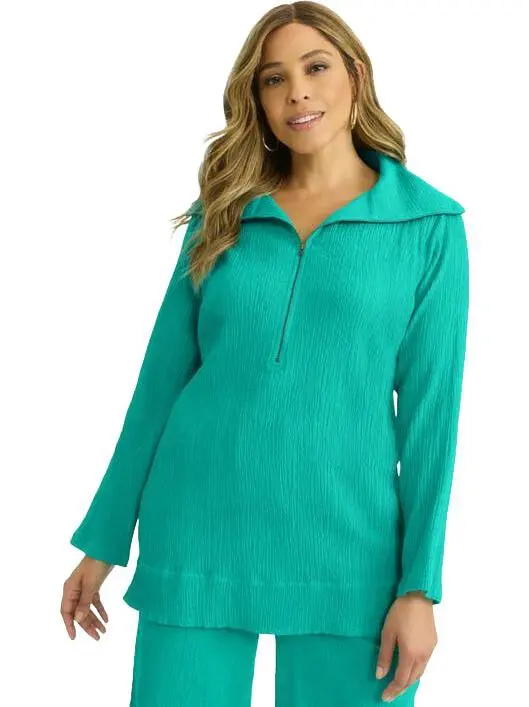 JESSICA LONDON Gauze Half-zip Tunic - Aqua Sea
