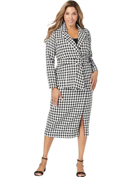 JESSICA LONDON Belted Skirt Suit - Ivory Houndstooth