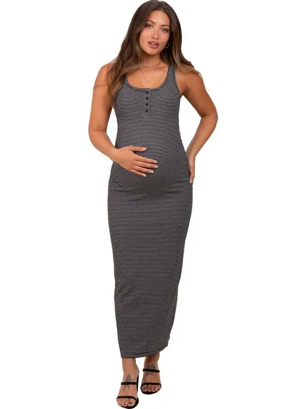 PINKBLUSH Striped Button Front Sleeveless Maxi Dress - Black