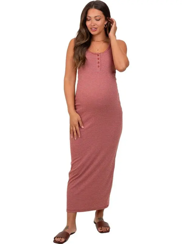 PINKBLUSH Striped Button-front Sleeveless Maxi Dress - Burgundy