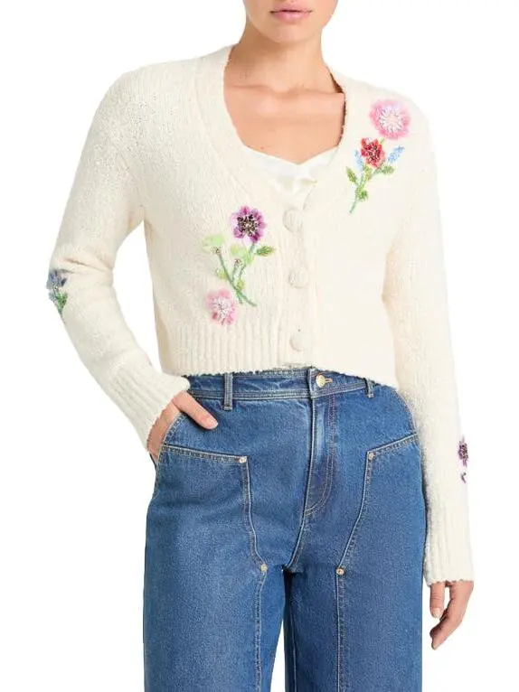 Cinq À Sept Solene Floral Embellished Bouclé Cardigan - Ivory/multi