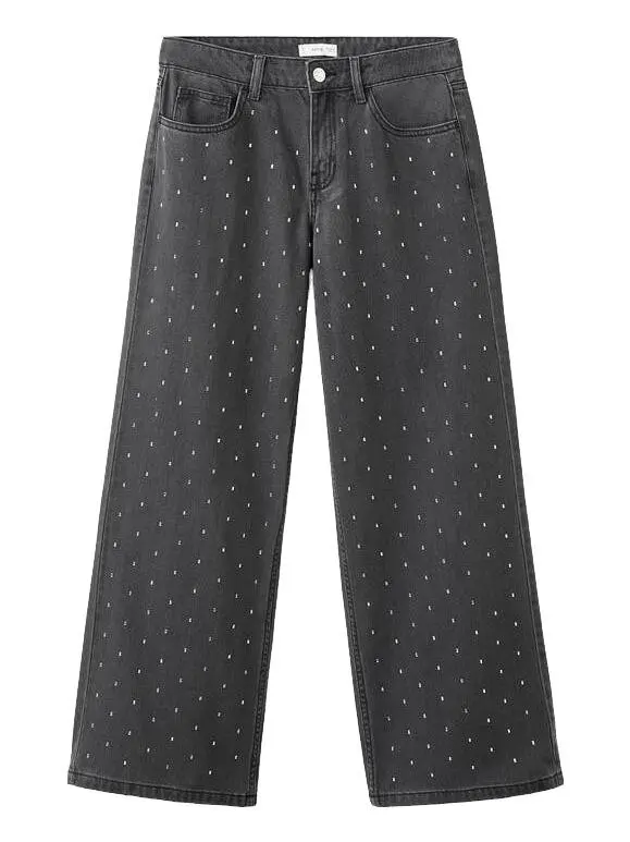 Mango Rhinestone Detail Straight Leg Jeans - Black Denim