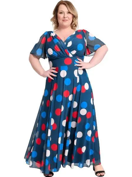 SCARLETT & JO Isabelle Short Sleeve V-neck Maxi Dress - Navy Multidot