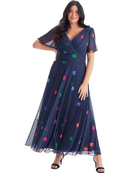 SCARLETT & JO Isabelle Polka Dot Angel Sleeve Maxi Dress - Navy Polka