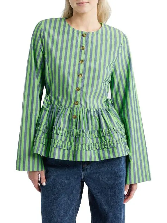 DAMSON MADDER Madison Stripe Organic Cotton Peplum Top - Green